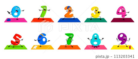 Cartoon math number characters on yoga fitness...のイラスト素材 [113203341 ...