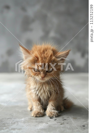 A grumpy ginger kitten seems to squint at the...のイラスト素材 [113252199] - PIXTA