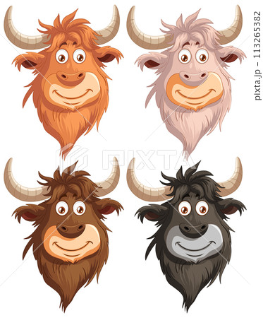 Colorful Cartoon Yak Faces Collectionのイラスト素材 [113265382] - PIXTA