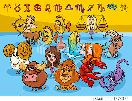 all zodiac signs characters collection cartoon...のイラスト素材 [113274376 ...