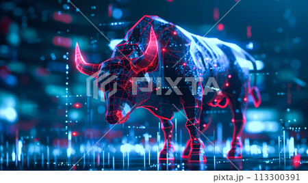 An angry bull is depicted engaging in trading...のイラスト素材 [113300391] - PIXTA