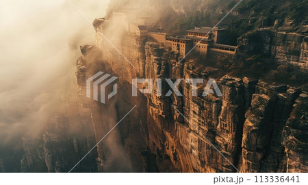 Sunlit Hanging Monastery, cliffside marvel in...のイラスト素材 [113336441] - PIXTA