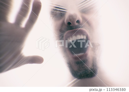 Man, plastic and bag with suffocating, gasping...の写真素材 [113346380] - PIXTA