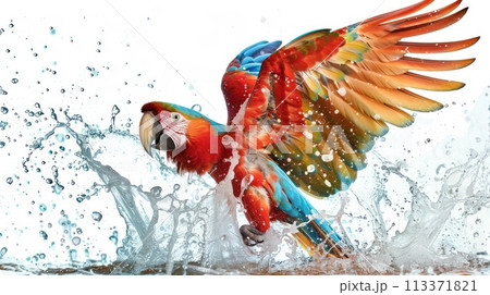 Parrot flapping wings in water splash, vivid...のイラスト素材 [113371821] - PIXTA