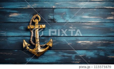 Anchor on blue wooden planks background. Copy...のイラスト素材 [113373870] - PIXTA