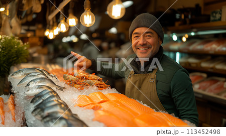 Friendly fishmonger giving thumbs-up fish...のイラスト素材 [113452498] - PIXTA