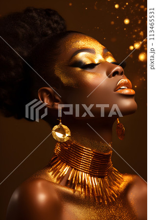 A woman adorned in gold paint with body jewelry...のイラスト素材 [113465531 ...