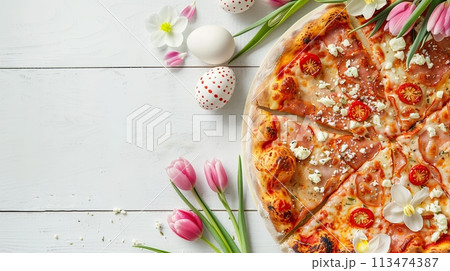 Easter pizza with colorful eggs and tulips on...のイラスト素材 [113474387] - PIXTA