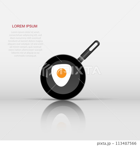 Realistic frying pan with egg icon in flat...のイラスト素材 [113487566] - PIXTA