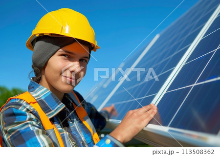 Renewable energy, Person at solar power plant.のイラスト素材 [113508362] - PIXTA