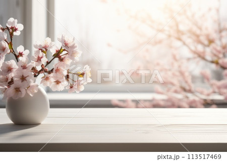 Wooden table top or window sill with spring...のイラスト素材 [113517469] - PIXTA
