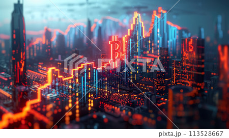 Illuminated bitcoin sign on digital cityscape....のイラスト素材 [113528667] - PIXTA