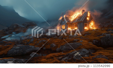 An image of a wooden house on fire engulfed in...のイラスト素材 [113542090 ...