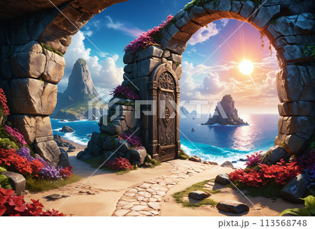 Stone arch gate with a view of the oceanのイラスト素材 [113568748] - PIXTA
