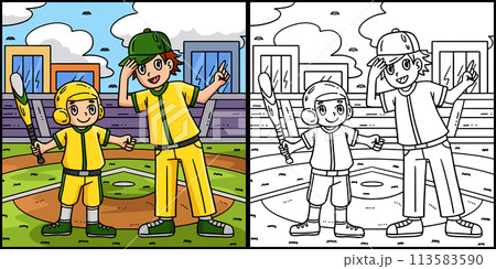 Baseball Boy and Coach Coloring Page Illustrationのイラスト素材 [113583590 ...