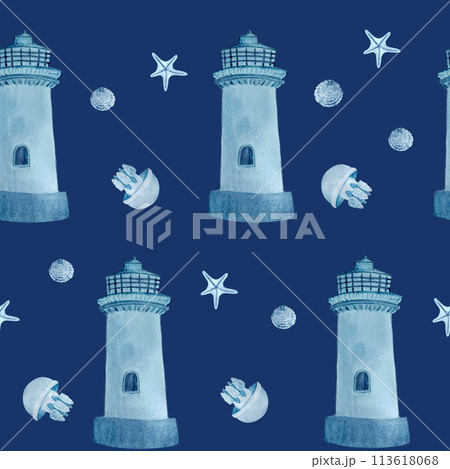 Lighthouse, jellyfish, starfish seamless...のイラスト素材 [113618068] - PIXTA