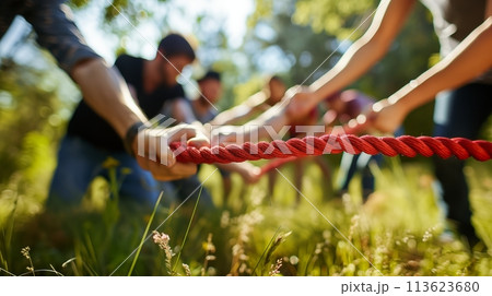 People pulling ropes together show strength and...のイラスト素材 [113623680 ...
