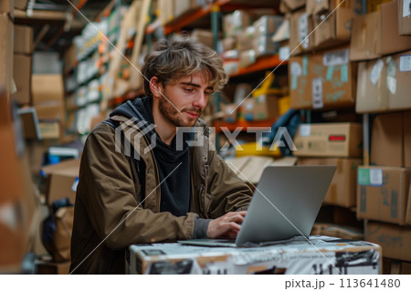Young man working on laptop under stack of...のイラスト素材 [113641480] - PIXTA