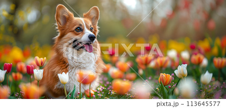 Cute funny dog in spring flowers, pink, white...のイラスト素材 [113645577] - PIXTA
