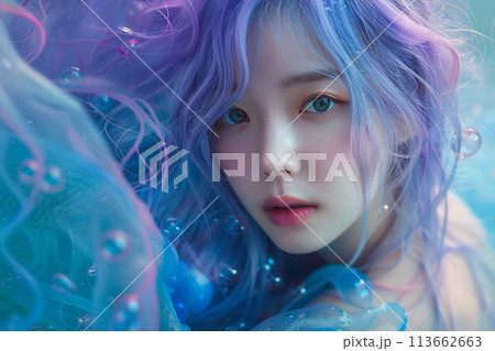 Asian blue haired mairmaid, fashion model under...のイラスト素材 [113662663 ...