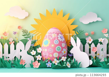 a paper cut easter scene with a bunny , easter...のイラスト素材 [113664293 ...