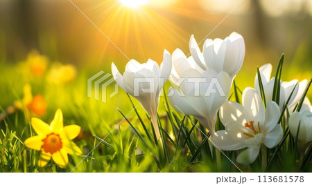 Bright spring sunshine bathes elegant white...のイラスト素材 [113681578] - PIXTA