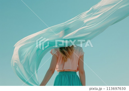 Back view of a woman with a billowing teal...のイラスト素材 [113697630] - PIXTA