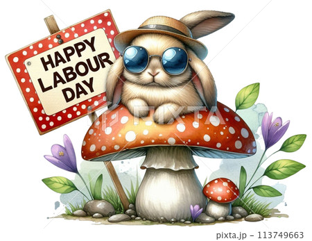 Rabbit holding a sign labour day a mushroomのイラスト素材 [113749663] - PIXTA