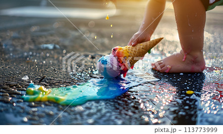 A child reaching for ice cream that slipped out...のイラスト素材 [113773999 ...