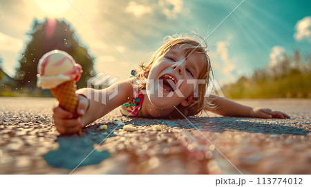 A child reaching for ice cream that slipped out...のイラスト素材 [113774012 ...