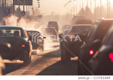 Golden hour smog over crowded roadのイラスト素材 [113781889] - PIXTA