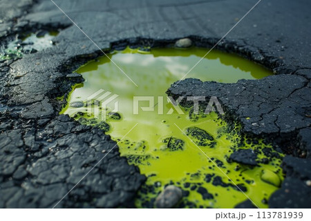 Vivid green toxic puddle on cracked asphaltのイラスト素材 [113781939] - PIXTA
