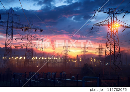 Stunning power grid sunset landscapeのイラスト素材 [113782076] - PIXTA
