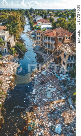 An aerial view shows hurricane devastation,...のイラスト素材 [113787639] - PIXTA