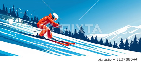 Winter sports scene, a skier descends a snowy...のイラスト素材 [113788644] - PIXTA