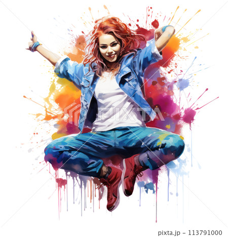 watercolor break dancing girl with colorful...のイラスト素材 [113791000] - PIXTA