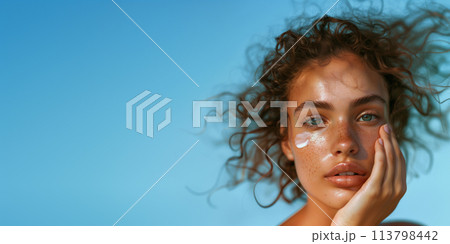 Woman applying sunscreen on face and neckのイラスト素材 [113798442] - PIXTA