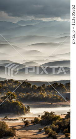 Fog obscuring the peaks of majestic mountains,...のイラスト素材 [113805862 ...