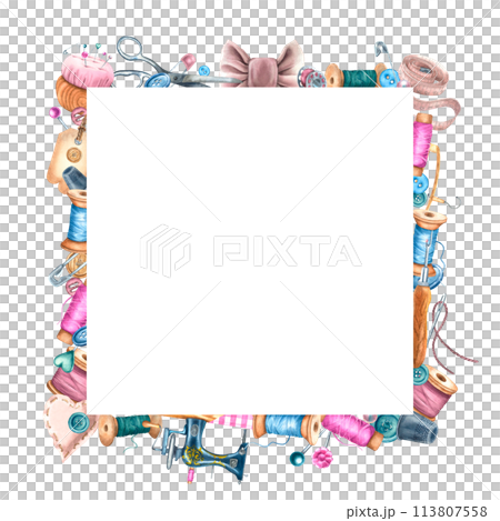 Square frame with scissors, buttons, sewing...のイラスト素材 [113807558] - PIXTA
