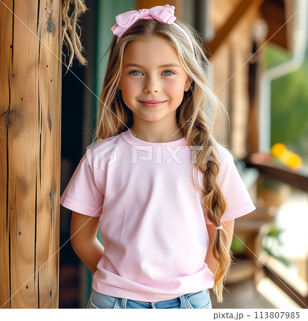 Kid Mockup Model Pink Shirt, Pink Bella Canvas...のイラスト素材 [113807985 ...