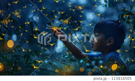 Countless fireflies twinkle like stars in a...のイラスト素材 [113818505] - PIXTA