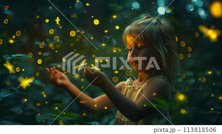 Countless fireflies twinkle like stars in a...のイラスト素材 [113818506] - PIXTA