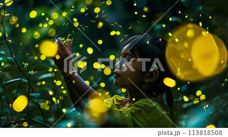 Countless fireflies twinkle like stars in a...のイラスト素材 [113818508] - PIXTA