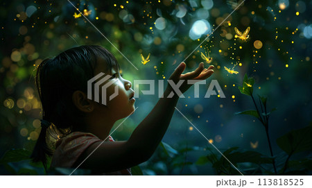 Countless fireflies twinkle like stars in a...のイラスト素材 [113818525] - PIXTA