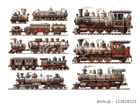 Steampunk trains cartoon vector set. Railway...のイラスト素材 [113820525] - PIXTA