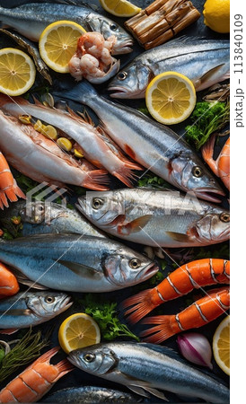 Variety of fresh luxury seafood. Fresh fish and...のイラスト素材 [113840109 ...