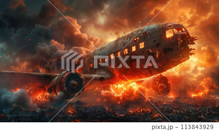 crashed plane on fire plane crashのイラスト素材 [113843929] - PIXTA