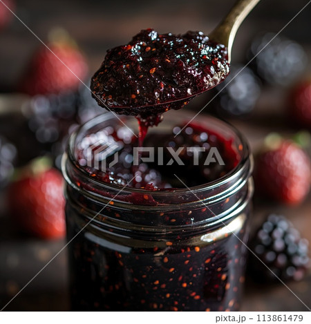 Blackberry jam. Spoon scooping homemade...のイラスト素材 [113861479] - PIXTA
