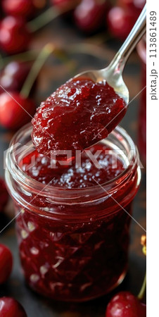 Cherry jam. Spoon scooping homemade cherry jam...のイラスト素材 [113861489 ...