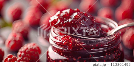 Raspberry jam. Spoon scooping homemade...のイラスト素材 [113861493] - PIXTA
